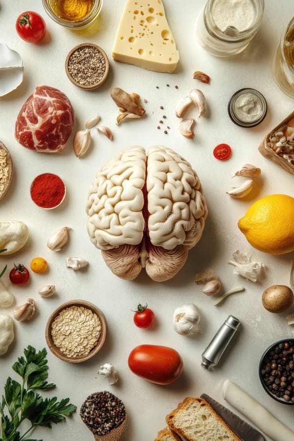 Human Brain and Healthy Food Around. Selective Focus Stock Image ...