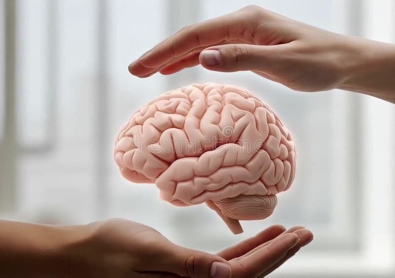 Human Brain Held Gently between Two Hands in a Protective Gesture with ...
