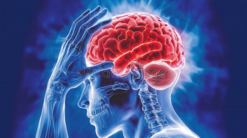 Human Brain Highlighted Red Showing Migraine Headache Ray Effect Hands ...