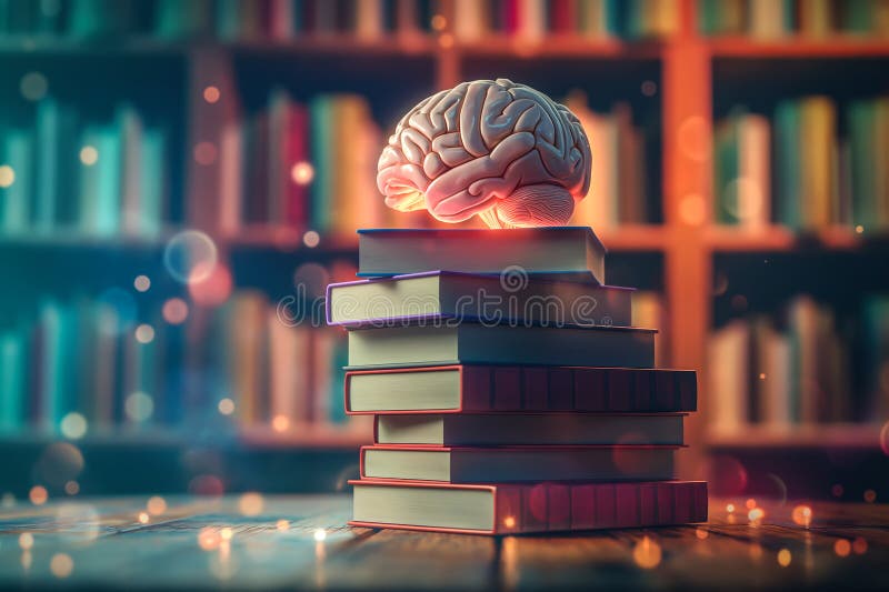 A Human Brain Hovers Over a Stack of Books in a Library. Generative Ai ...