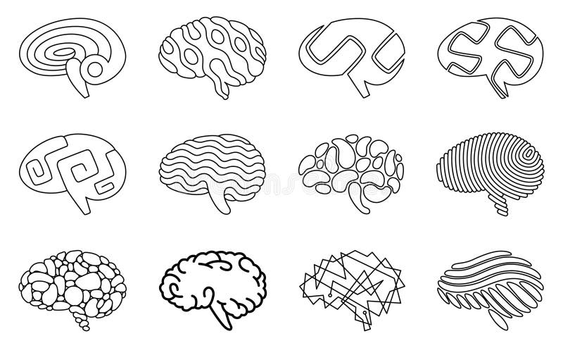 Human Brain Icons Set in Coloring Style. Creation and Idea Concept ...