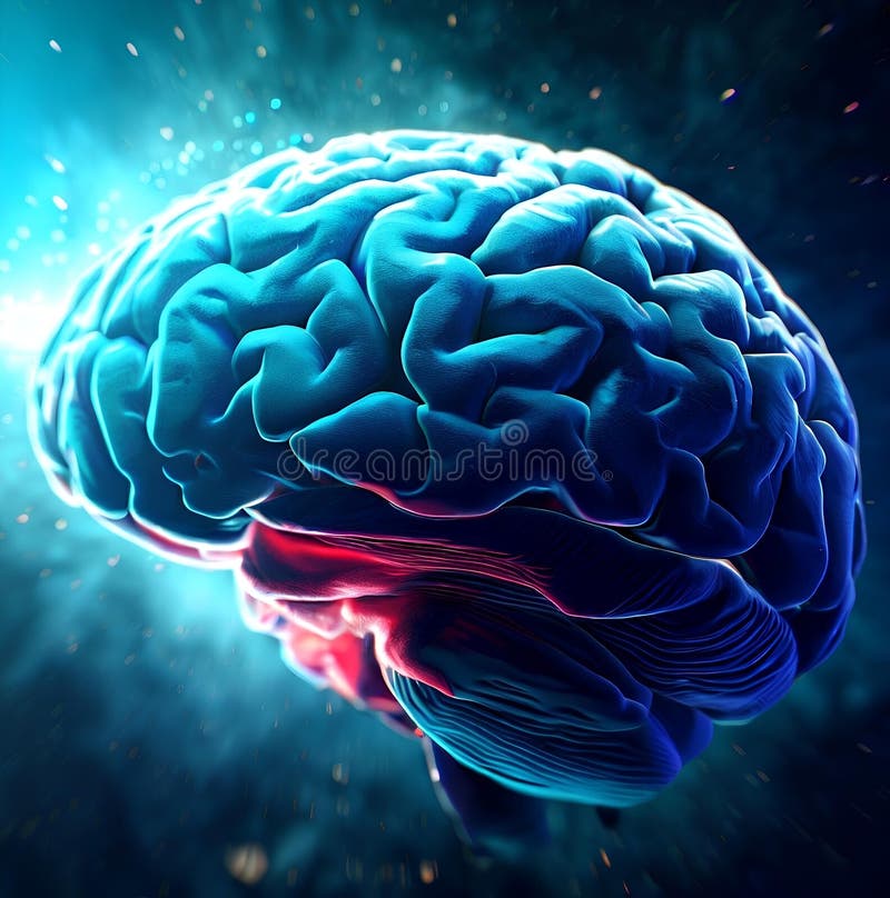 Human Brain Illuminated by Blue Light, with a Red Glowing Spot. AI ...