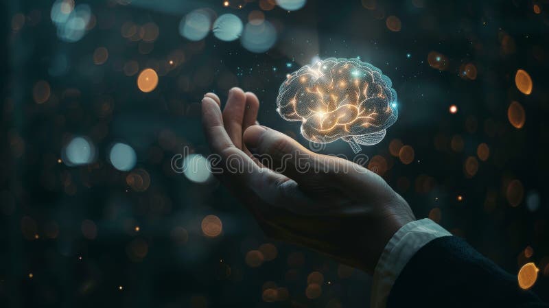 Human Brain Illuminated and Floating Above Open Hands in the Concept of ...