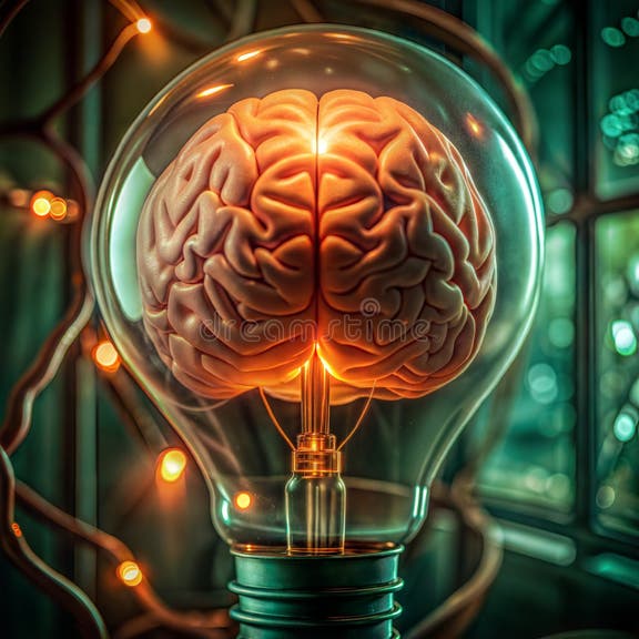 A Glowing Brain Inside a Lightbulb Surrounded by Warm String Lights ...