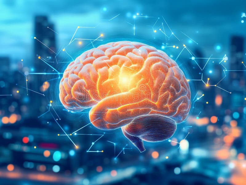 Human Brain Illuminated with an Orange Glow Amidst a Digital Blue ...