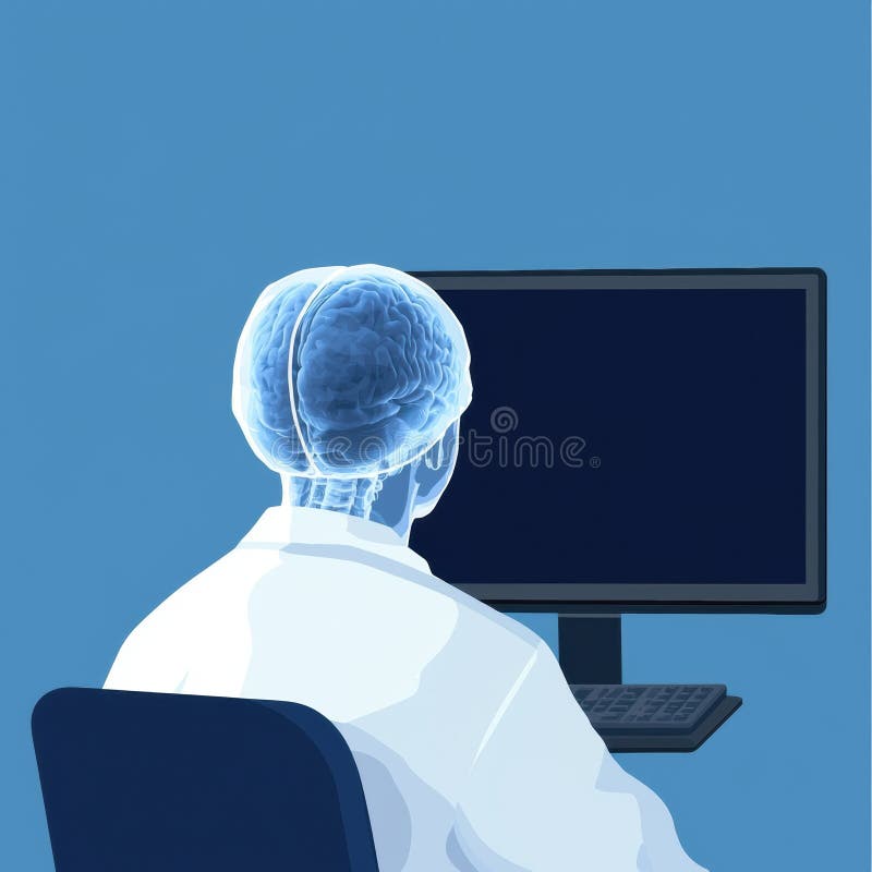 Human Brain Illustration with Computer Monitor Representing Digital ...