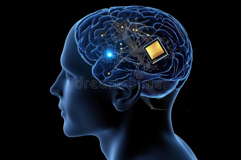 Human Brain with Implanted Neural Ink Chip Implanted, Neural Connection ...