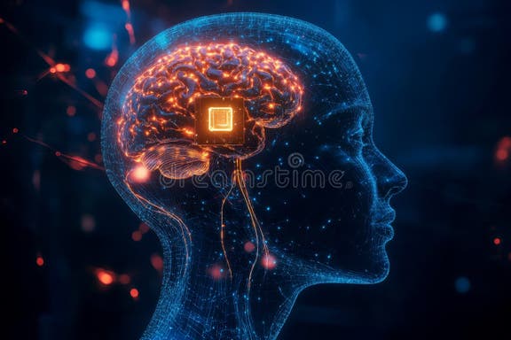 Human Brain with Implanted Neural Ink Chip Implanted, Neural Connection ...