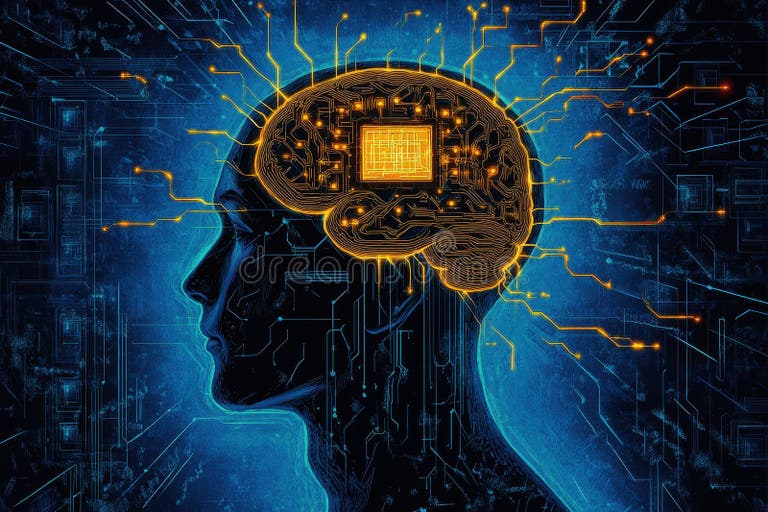 Human Brain with Implanted Neural Ink Chip Implanted, Neural Connection ...