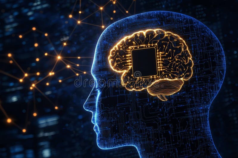 Human Brain with Implanted Neural Link Chip Implanted, Neural ...