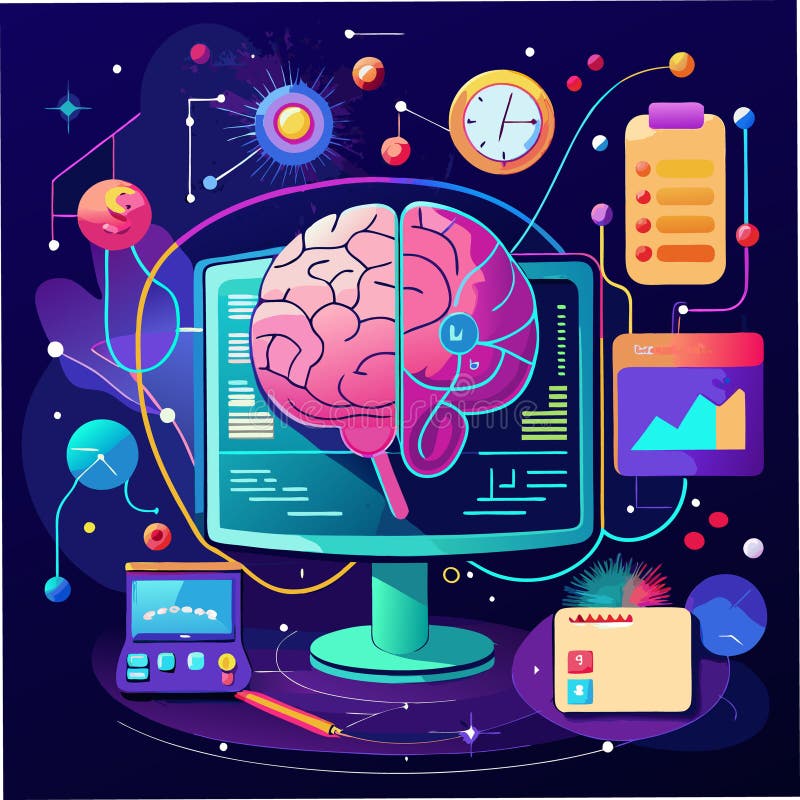 A Human Brain Inside a Computer Monitor, Connected To Various Digital ...