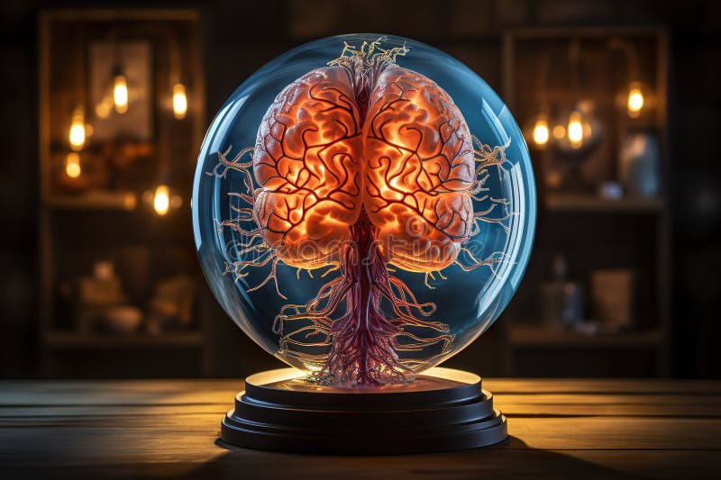 Human Brain Inside a Crystal Ball on a Wooden Table. Generative AI ...