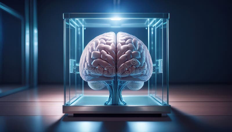 A Human Brain Inside a Glass Case Emitting Soft Light Pulses ...