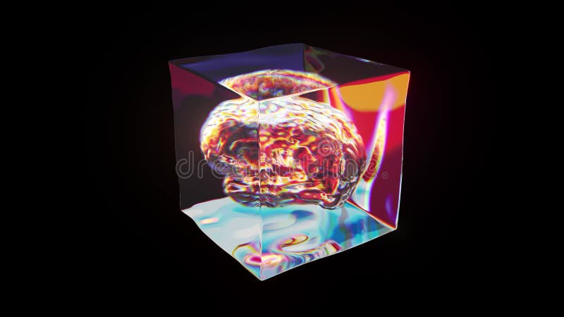 Human Brain Inside Glass Cube Abstract Composition With Detailed