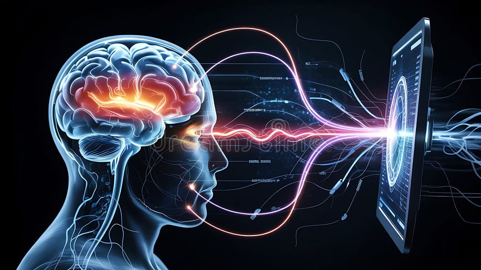 Human Brain Interface Connecting To a Digital Screen with Glowing Light ...