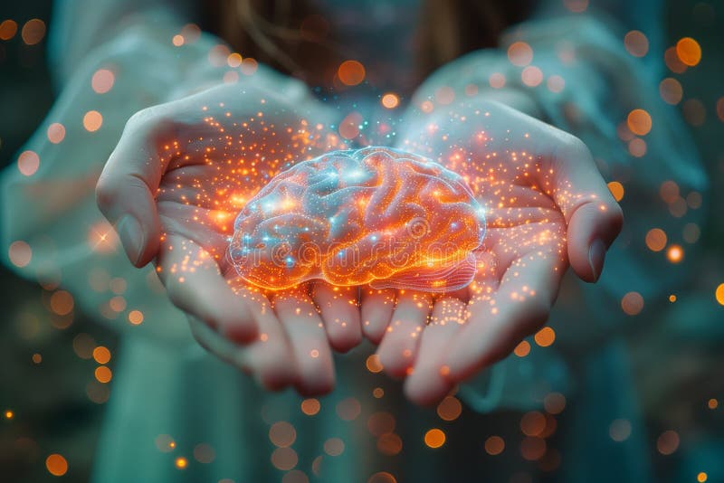 Human Brain with Light, Self Care and Mental Health Concept, Positive ...