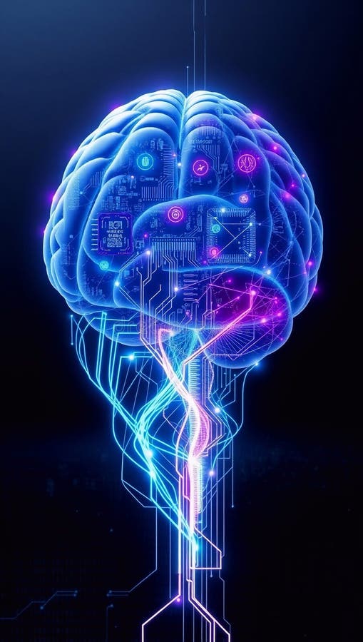 Human Brain with Light Trails Surrounded by Glowing Tech Elements ...