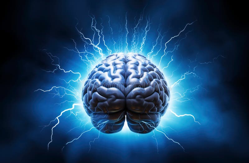 Human Brain with Lightning Bolts on Dark Blue Background Stock ...