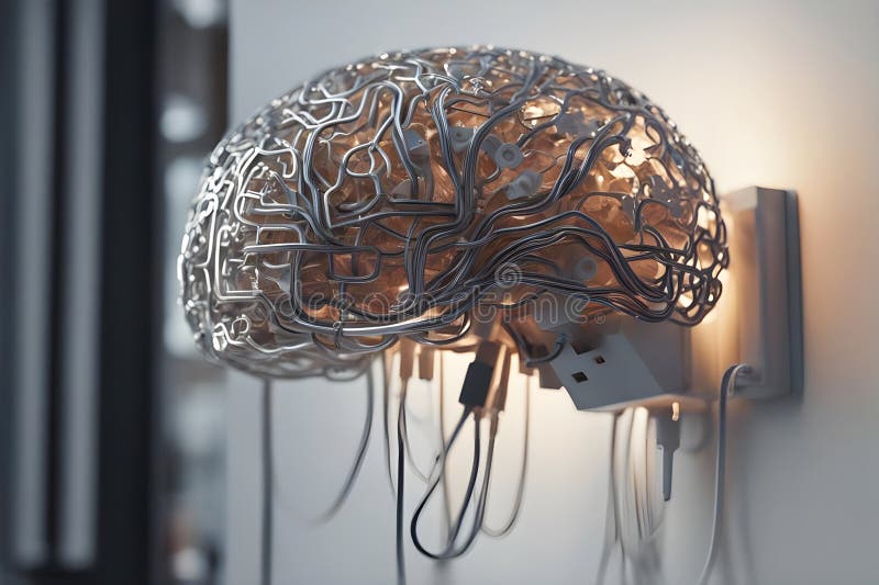 Human Brain Made of Intricate Wires and Cables Connected with a Plug To ...