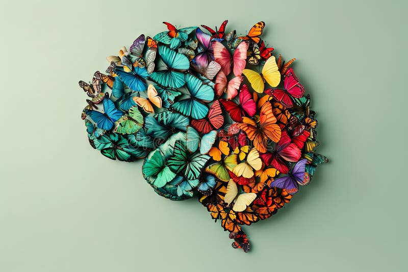 Human Brain Made of Multi-colored Butterflies on Light Green Background ...