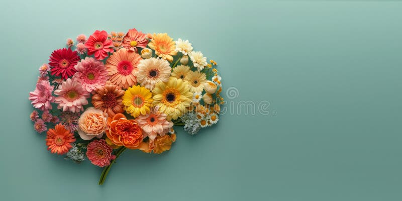 Human Brain Made of Multi-colored Flowers on Blue Background Stock ...