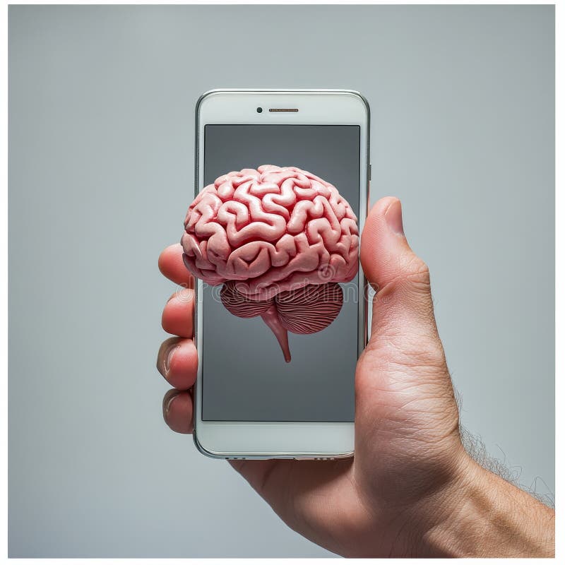 Human Brain on a Mobile Phone. Smartphone in Human Hand Stock ...