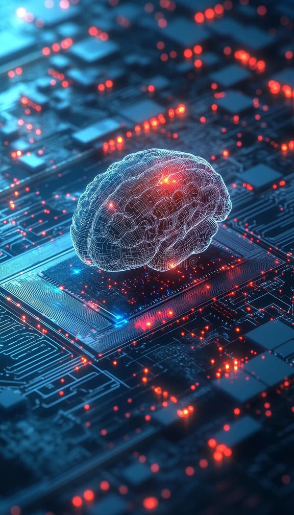 Human Brain Model on Circuit Board with Blue and Red Light. AI and ...