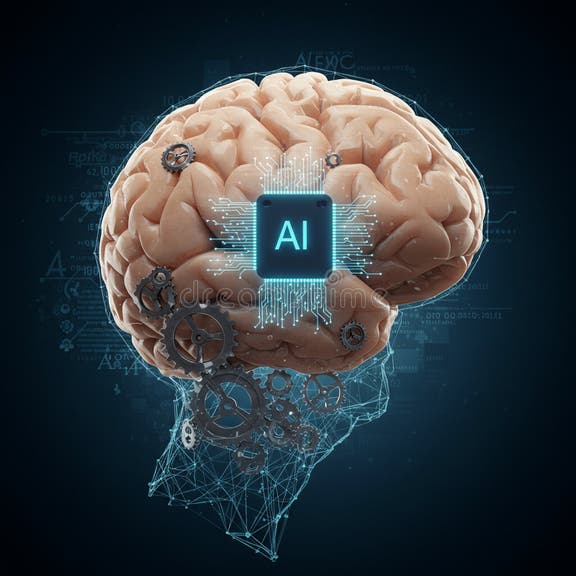 Human Brain Model with Digital Elements and Gears. a Central Glowing Microchip Stock ...
