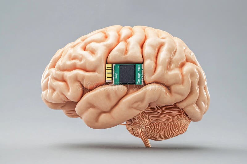 Human Brain Model with Electronic Chip Representation Highlighting ...