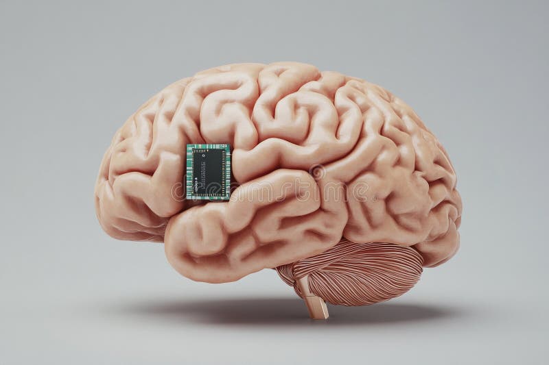 Human Brain Model with Electronic Chip Representation Highlighting ...