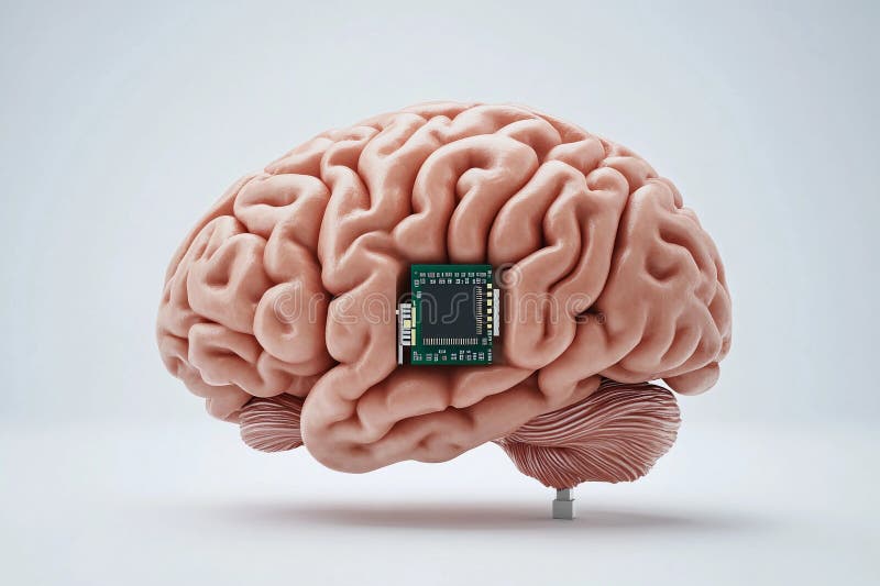 Human Brain Model with Electronic Chip Representation Highlighting ...