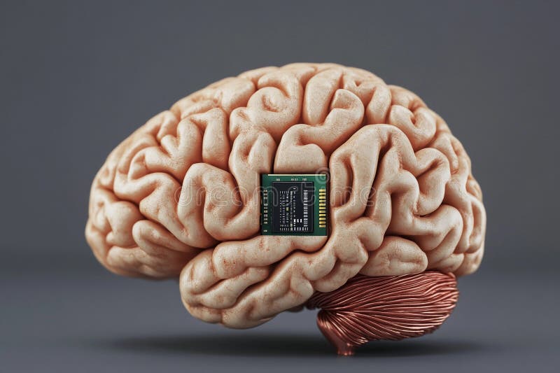 Human Brain Model with Electronic Chip Representation Highlighting ...