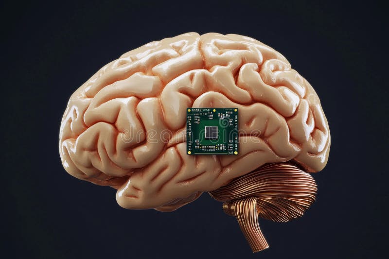 Human Brain Model with Electronic Chip Representation Highlighting ...