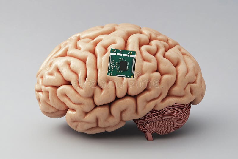 Human Brain Model with Electronic Chip Representation Highlighting ...