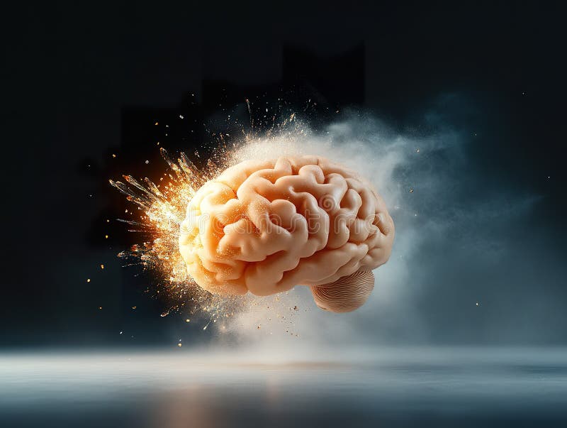 Human Brain Model Explodes with Vibrant Sparks and Smoke, Symbolizing ...