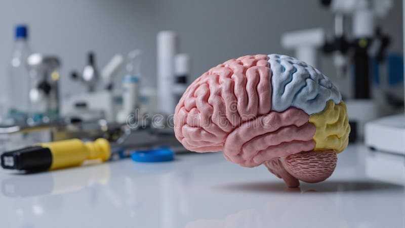 Human Brain Model with Highlighted Areas Neurology Lab in Background ...