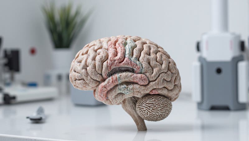 Human Brain Model with Highlighted Areas Neurology Lab in Background Stock Illustration ...