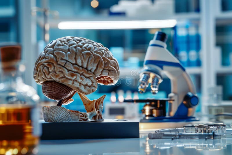 Human Brain Model on Laboratory Desk with Microscope and Scientific ...