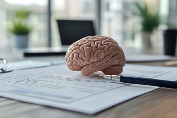A Human Brain Model Placed on Paperwork with a Pen, Symbolizing ...
