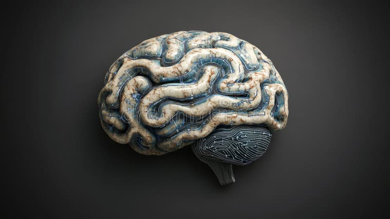 A Human Brain Model Stylized with an Overlay of Digital Circuit Design ...