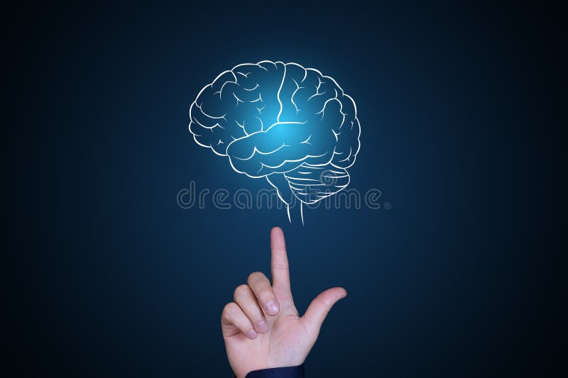 Human Brain in Neon Glow. the Hand Points To the Brain Stock Photo ...