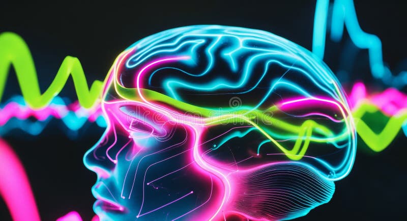 Human Brain with Neural Activity Visualization, Neon Colors on a Black ...