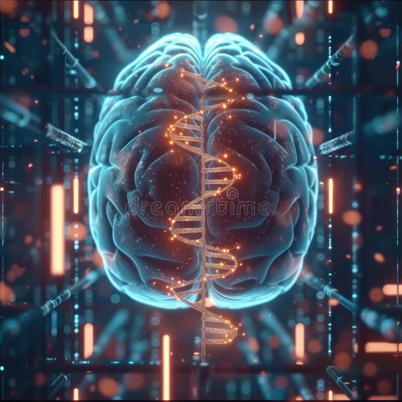 Human Brain with Neuron Signals and Flying DNA. Neuron Cells with ...