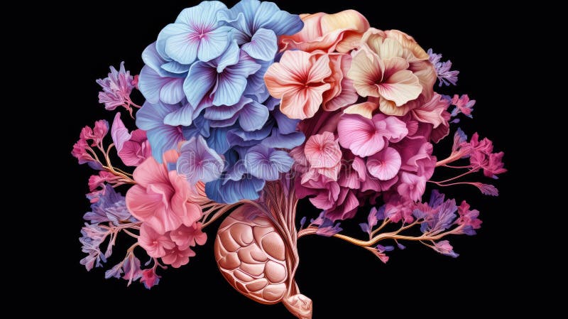 Human Brain Organ with Blooming Flowers Stock Illustration ...