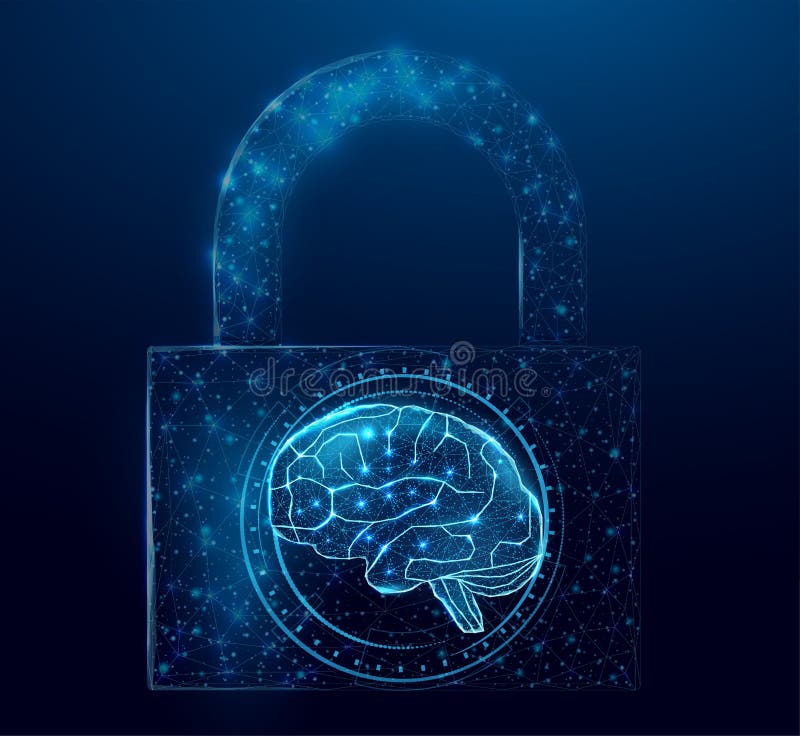 Human Brain in Padlock. Cyber Mind Concept with Glowing Low Poly Brain ...