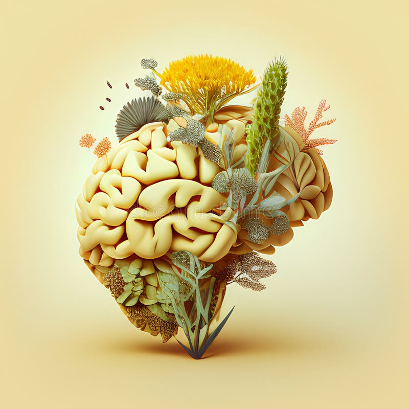 Human Brain with Plants and Flowers. 3d Render. Vector Illustration ...