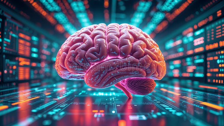 Human Brain Processing Data in Futuristic Server Room Visualization Stock Illustration ...