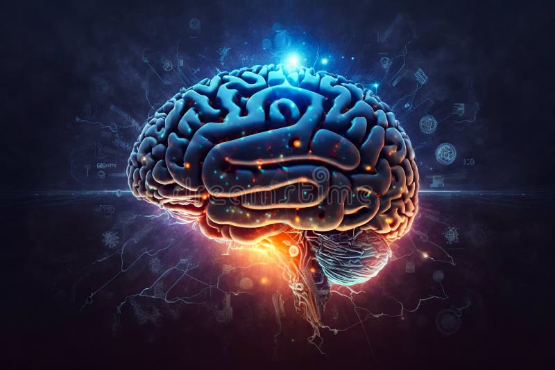 Human Brain with Digital Technology in Purple Ultraviolet Neon Colors ...