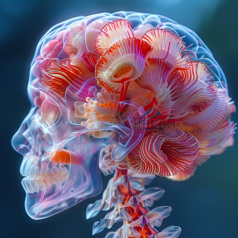 A Human Brain with a Red and Orange Skeleton Stock Image - Image of ...