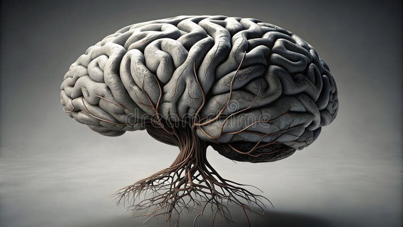 Human Brain with Roots in Front of Grey Background Stock Illustration ...